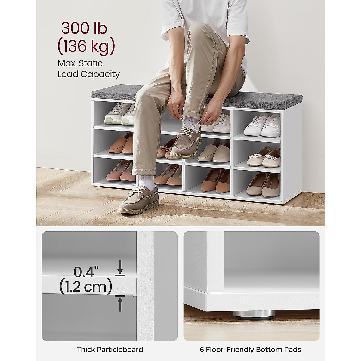 VASAGLE Shoe Bench with Cushion, Storage Bench with Padded Seat, Entryway Bench with 12 Compartments, for Bedroom, 11.9 x 40.9 x 18.9 Inches, Cloud White and Dove Gray ULHS012W14