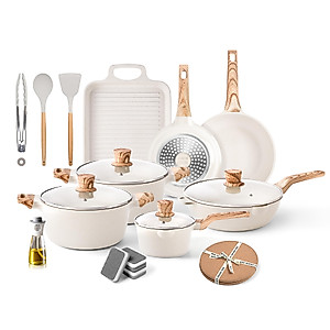 Pots and Pans Set - Caannasweis Nonstick Granite Stone Cookware Sets, Induction casseroles & Saucepan & Frying Pans for Cooking, PFOS PFOA Free, Grill Plate Gray