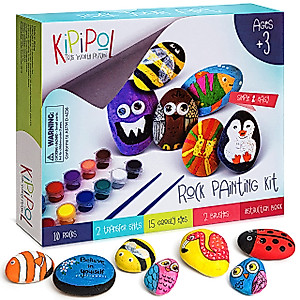 Kipipol Rock Painting Kit for Kids - DIY Arts and Crafts kit for Girls, Boys Ages 3, 4, 5, 6-12 - Kid Rock Art w/10 Rocks for Painting, 12 Acrylic Paints, 2 Brushes, 15 Googly Eyes, 2 Transfer Sheets
