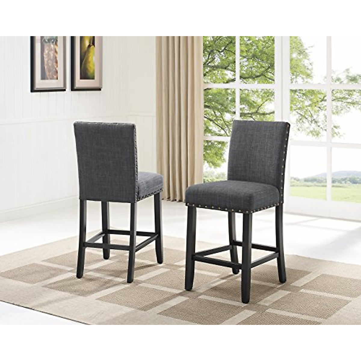 Roundhill Furniture Collection Biony Espresso Wood Counter Height Dining Set with Gray Fabric Nailhead Stools,