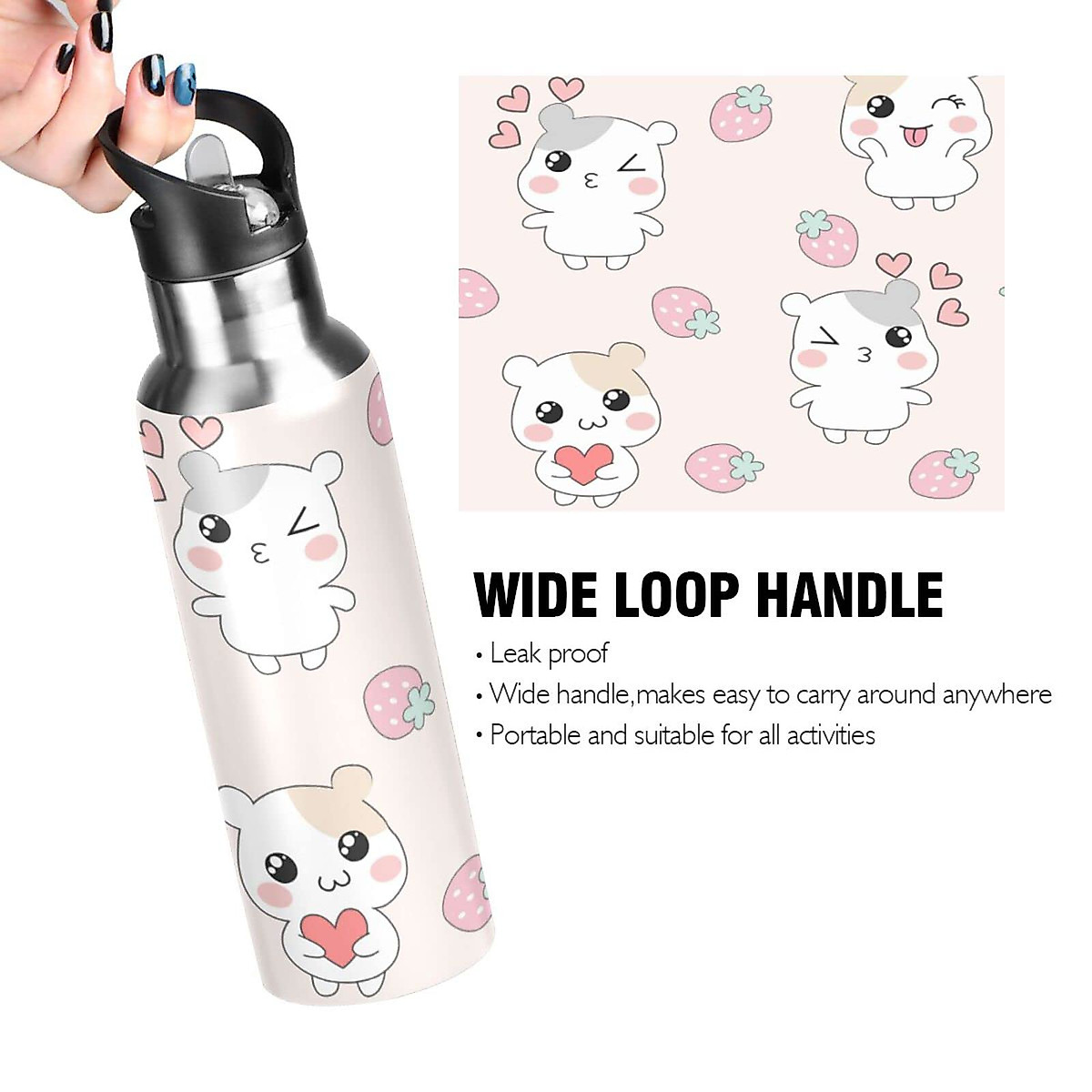 xigua 20oz Double leak Proof layer Insulated Keep Warm,Cute Hamster with Strawberry Stainless Steel Water Bottle with Straw for Sports and Travel#62