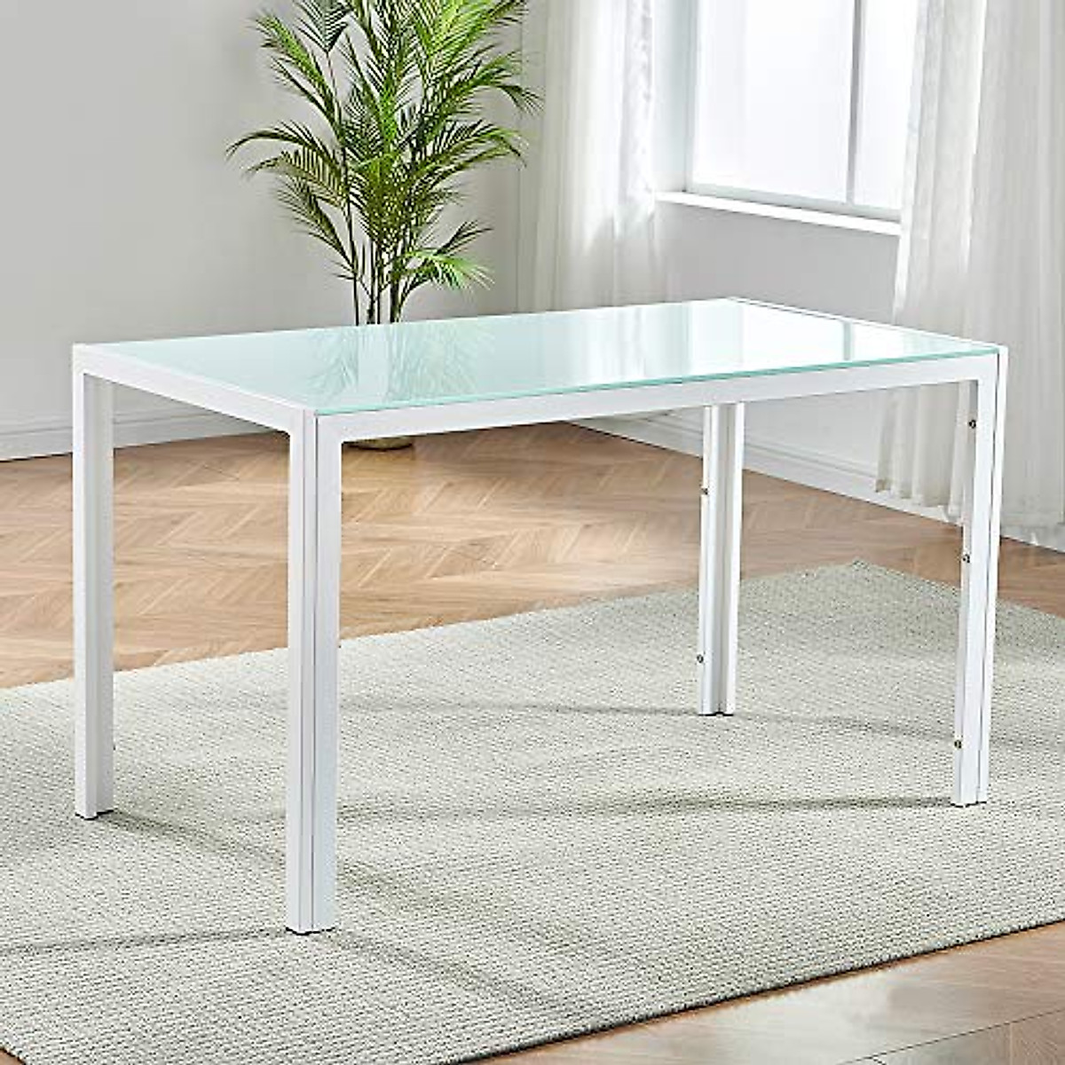 IDS Online Deluxe Glass Dining Table Set 7 Pieces Modern Design With Faux Leather Chair Elegant Style Anti Dirt, White