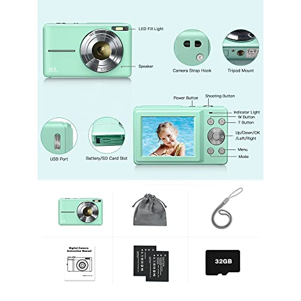 Digital Camera, FHD 1080P Kids Camera 44MP Point and Shoot Digital Cameras with 32GB SD Card, 16X Zoom, Two Batteries, Lanyard, Compact Small Camera for Kids Boys Girls Teens Students Seniors- Green