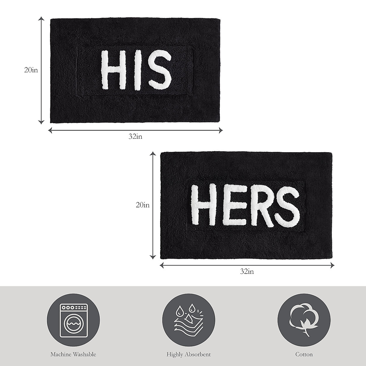 Creative Home Ideas Cotton 2-Piece Bath Rug Set - Soft Cotton Bath Mat - Bathroom Decor - Water Absorbent and Machine Washable - Measures 20"x32" - His & Hers - Black
