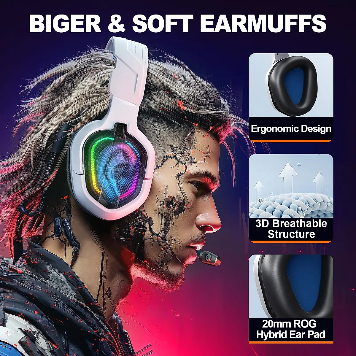 Krysenix Gaming Headset for PS4, PS5, PC, Mac, Xbox Series X, Noise Canceling Headphones with Microphone, PG2 Computer Headset with 3.5mm Jack & RGB Light White/Blue