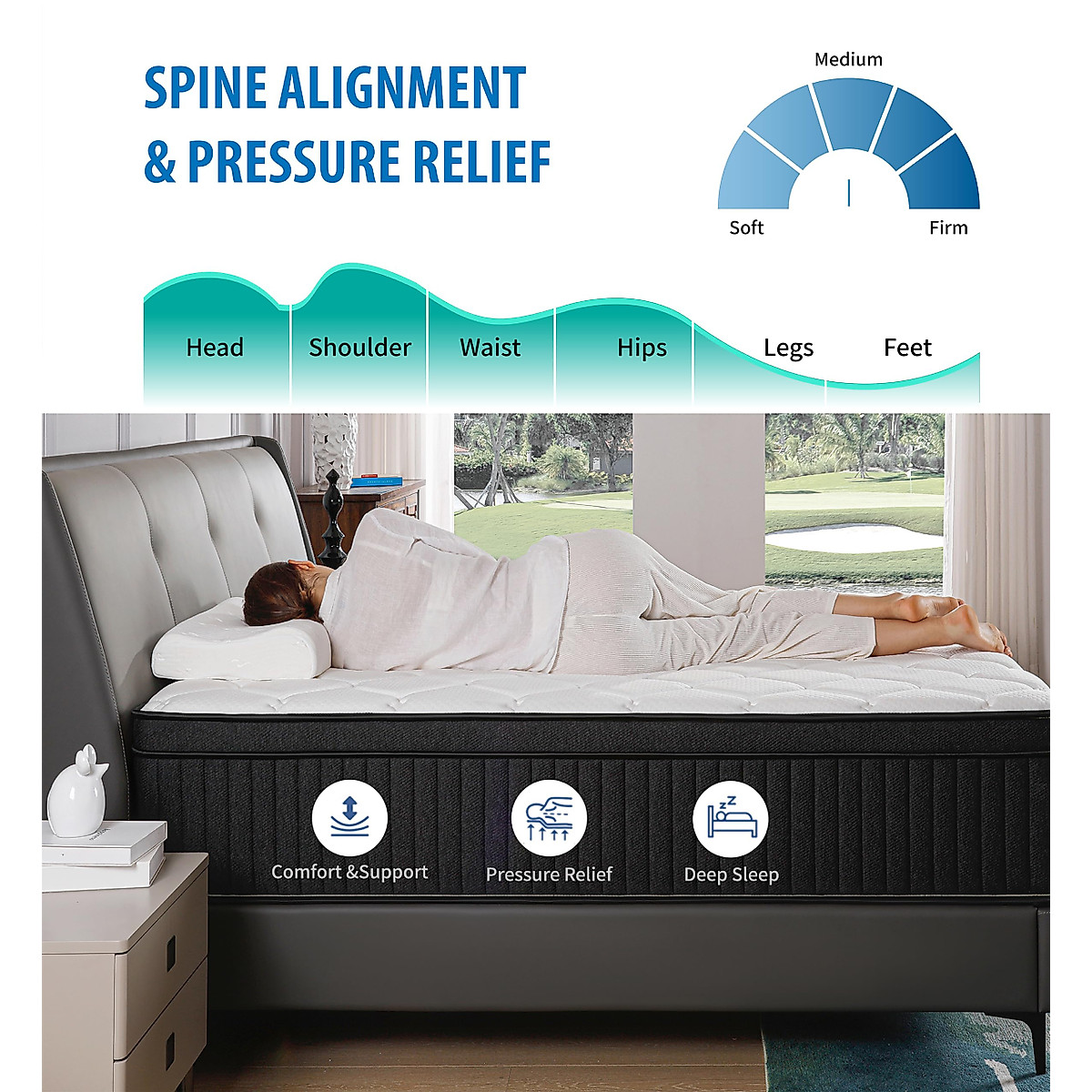 Soulfea Queen Mattresses,14 Inch Queen Size Mattresses in a Box,Memory Foam Hybrid White & Black Mattress with Provide Support and Improve Sleep Mattresses,Pressure Relief,Medium Firm