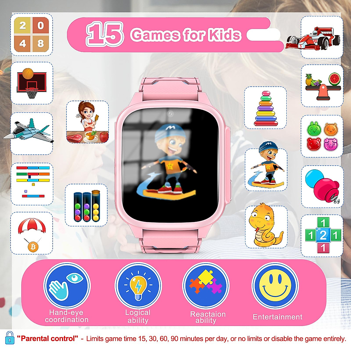 AstraMinds Kids Smart Watches Girls Boys - Kids Smartwatch with 15 Games,Habit Tracker,2 Camera,10 Stories, Smart Watch for Kids Boys Girls Ages 3-10(Pink)