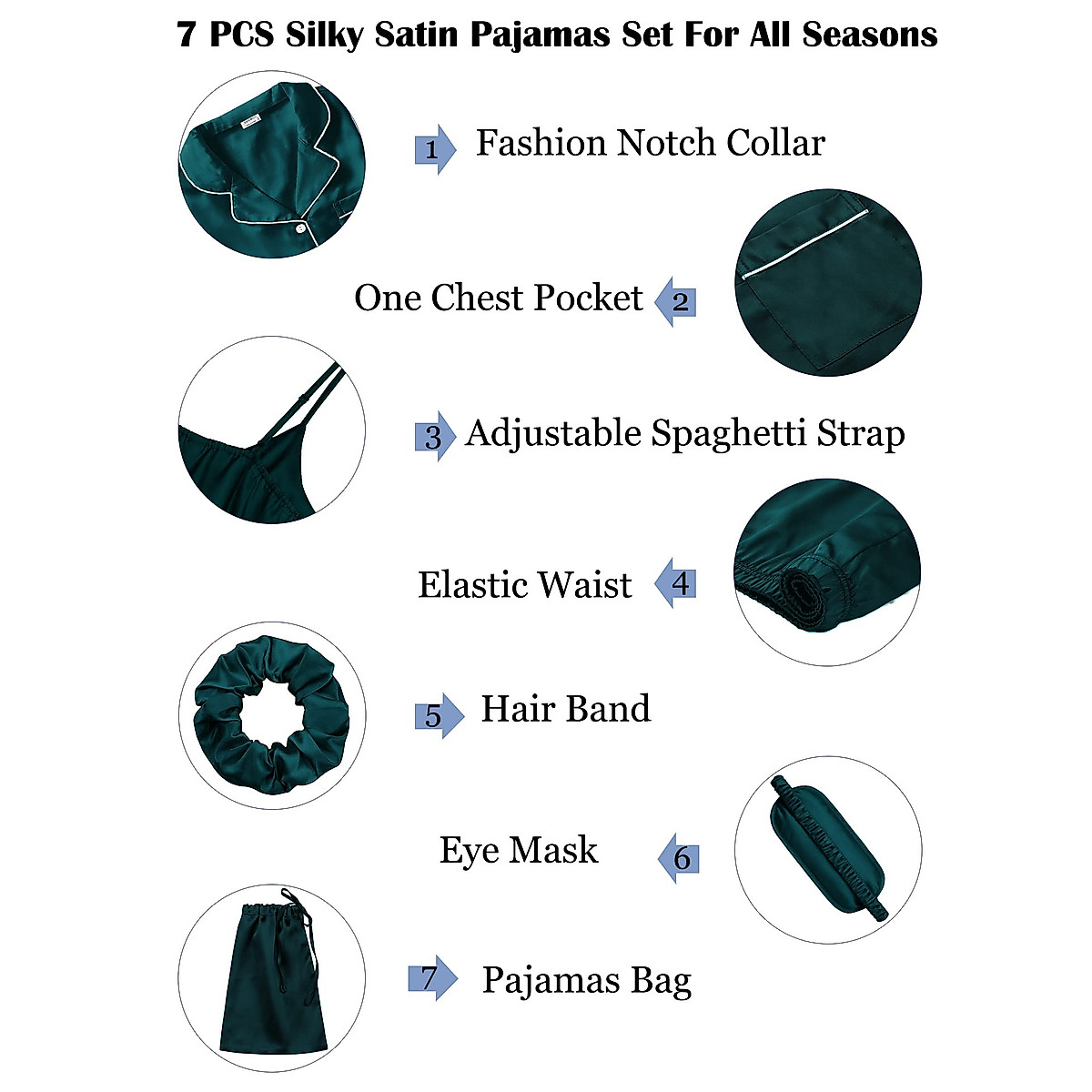 SWOMOG Womens Silk Satin Pajamas Sets 7pcs Sleepwear Sexy Cami Shorts Set and Button Down Short Sleeve Satin Pjs Deep Green Large