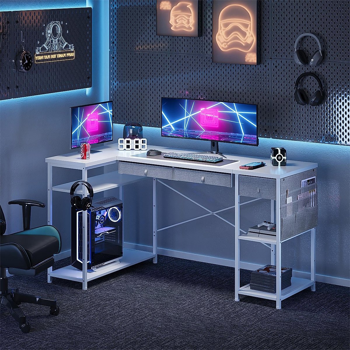 Ｍａｉｈａｉｌ Home Office Desk with Drawers and Shelves, 55” Computer Corner Desk for Small Space, Small L Shaped Desk with Side Storage for Bedroom, White
