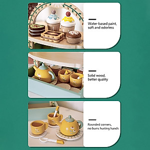 Junejour Wooden Tea Set for Little Girls 14PCS Retro Style Tea Party Set with Portable Stand Teapot Tea Cup Coasters Dessert Cake Pretend Play Tea Set for Toddlers 3-5 Years Old