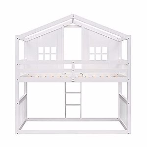 Merax Twin Over Twin House Bunk Bed with Ladder, Twin Wood Bed Frame with Roof Design, Bunk Bed for Teens, Boys and Girls, White