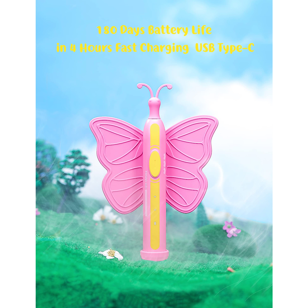 FOSOO Kids Electric Toothbrushes, Electric Toothbrush Kids Sonic Rechargeable 180 Days Battery Life,2 Modes with Memory,IPX7 Waterproof,2 Minutes Built-in Smart Timer for Ages 3+,4 Brush Heads (Pink)