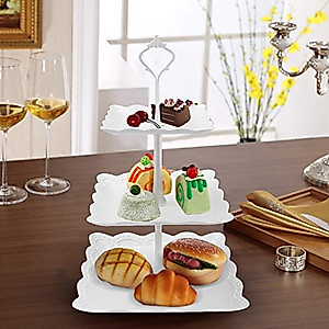 Doryum Three Tiers White Cake Display Stand with Fittings, Plastic Square Cake Stand Display Fruit Plate, Dessert Stand, Cupcake Stand Party Serving Platter Stand for Birthday Weeding Party