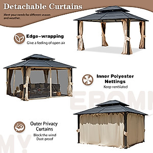 EROMMY 12'x14' Metal Steel Gazebo, Outdoor Aluminum Hardtop Canopy with Netting and Shaded Curtains, Double Roof Pergolas, Permanent Metal Pavilion for Patio, Backyard, Deck and Lawns Dark Bronze
