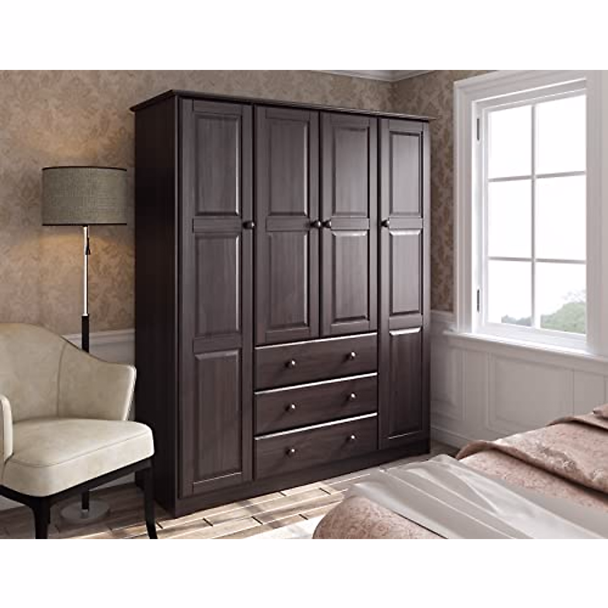 Palace Imports 100% Solid Wood Family Wardrobe/Armoire/Closet, Java. 3 Clothing Rods Included. NO Shelves Included. Optional Shelves Sold Separately. 60.25" w x 72" h x 20.75" d