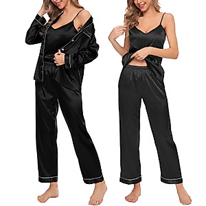 SWOMOG Pj Satin Long Sleeve Set 4pcs Womens Pajamas Silk Sleepwear Button Down Nightwear Sexy Cami Shorts Loungewear