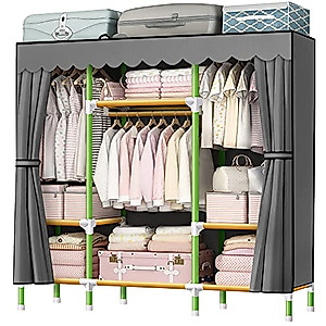 YOUUD Portable Closet 57 Inch Wardrobe Closet Clothes Organizer with 3 Storage Shelves and 3 Hanging Rods, Cloth Closet of Colored Rods Grey Cover Quick and Easy to Assemble,Strong and Durable