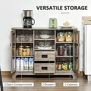 HOMCOM Kitchen Sideboard, Glass Door Buffet Cabinet, Coffee Bar Cabinet with Storage Drawers & Adjustable Shelves for Living Room, Grey