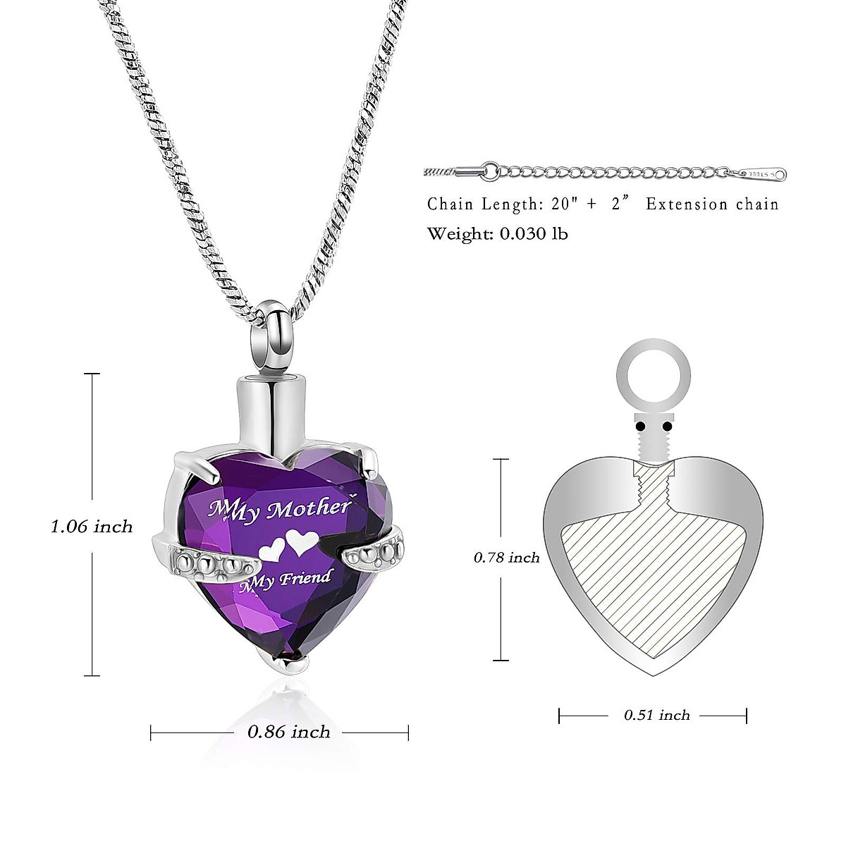 Yinplsmemory Mom Urn Necklace for Ashes Crystal Hollow Heart Pendant Ashes Keepsake Jewelry - Mother Cremation Memorial Gift
