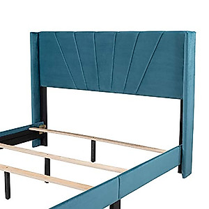 HBRR Queen Size Bed Frame with Velvet Upholstered Headboard, Low Profile Platform Bed with Wood Slats, Fully Upholstered Mattress Foundation, Noise-Free, Easy Assembly, Blue