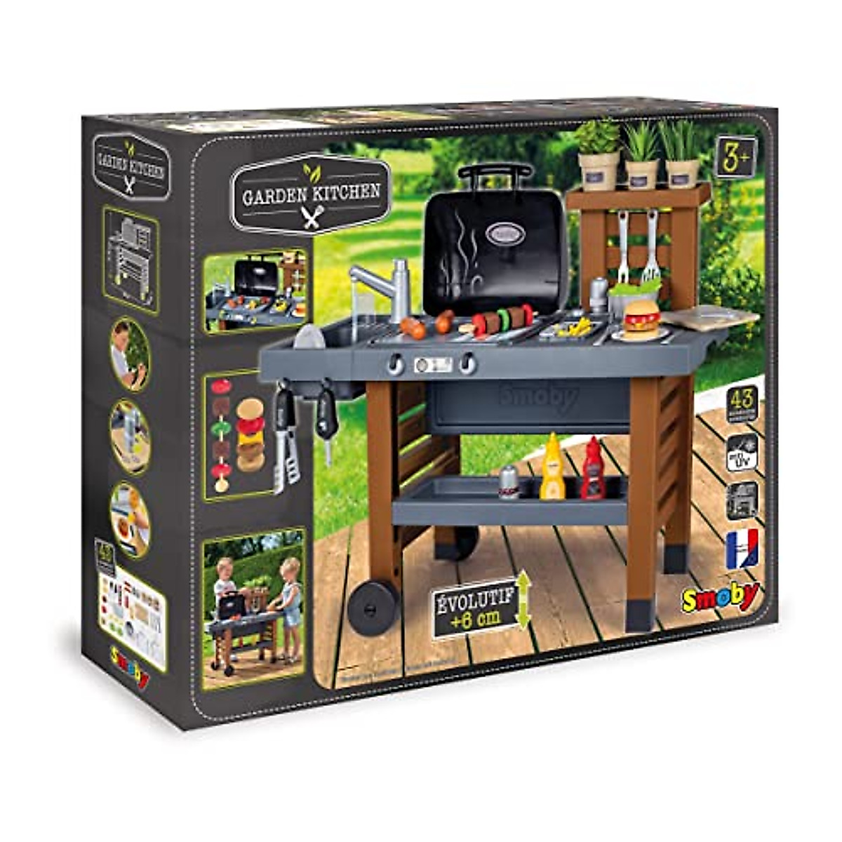 Smoby Garden Kitchen - Outdoor 43 Accessory Play Set, Kids Ages 3+, Grill w/Retractable Magic Flames, Fryer & Sink w/Water Pump Function, Pretend Play
