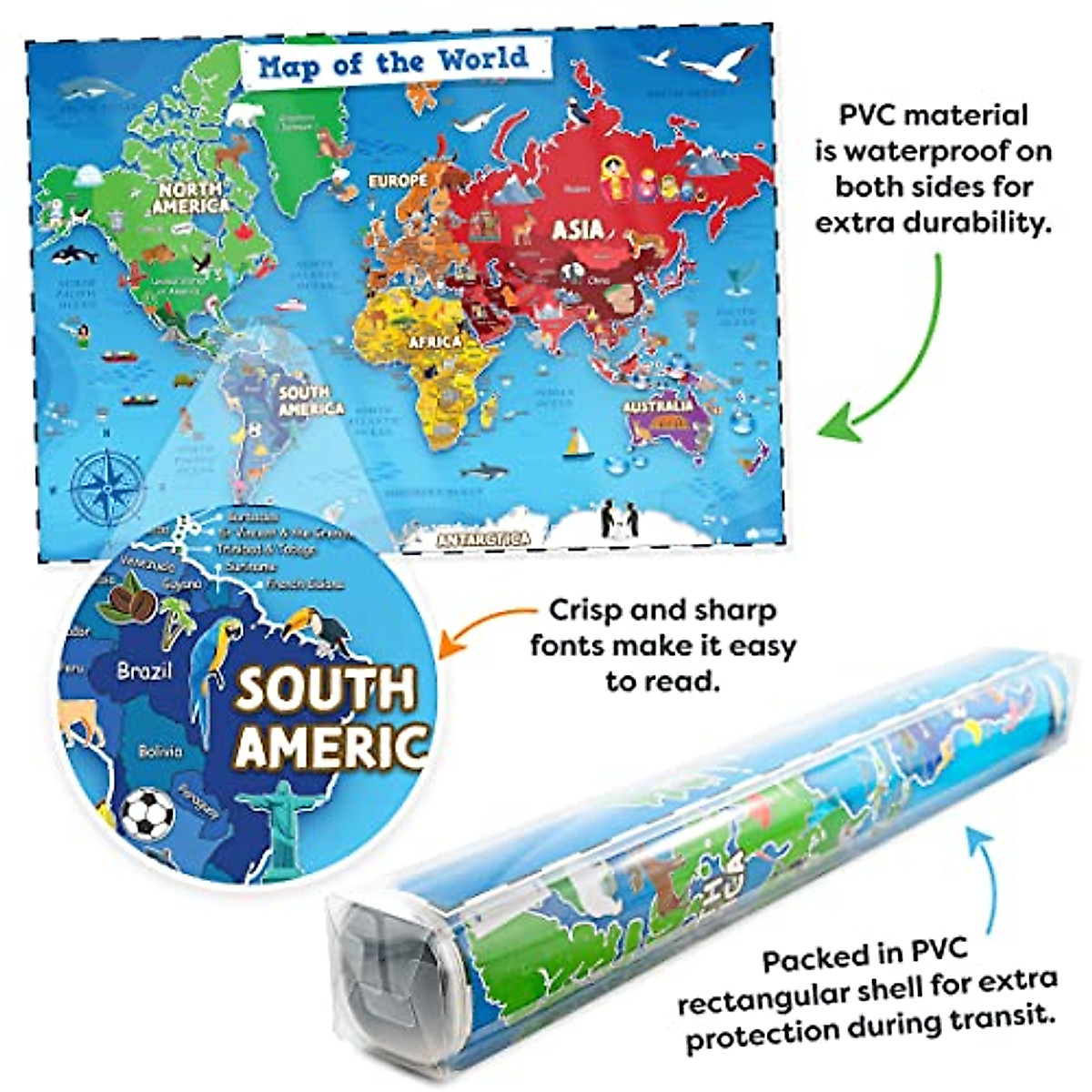 United States & World Map Poster for Kids - 2 Pc - 24 x 18 Inch Waterproof USA & Map of the World Poster - Kids US Maps for Wall Posters for Learning, Classroom, Education, Back to School Resources