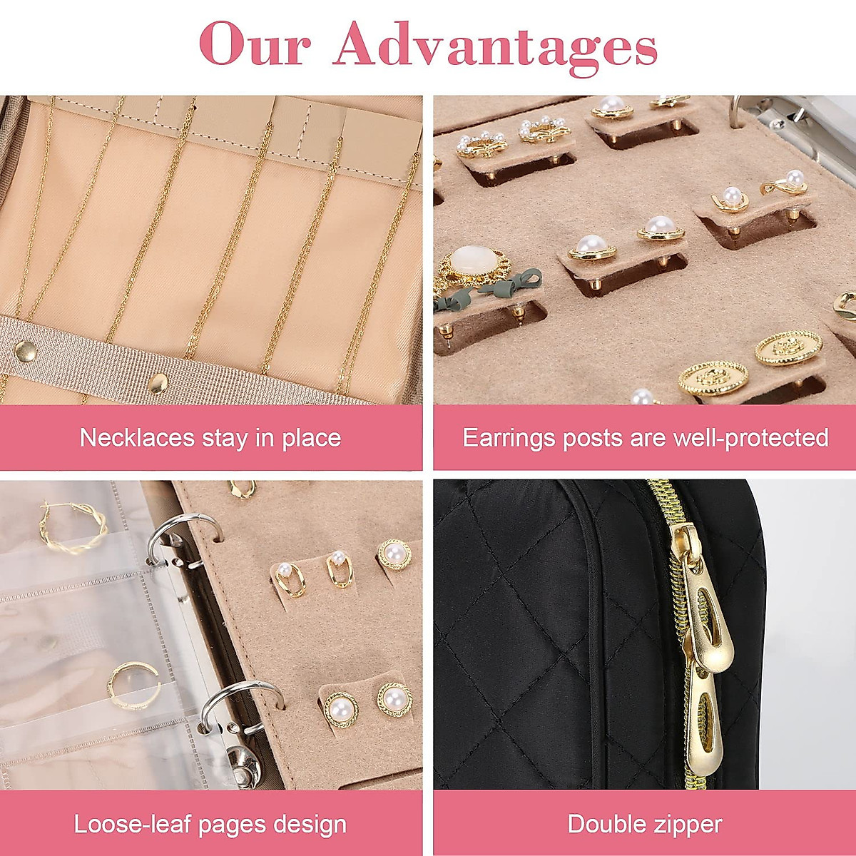 Jewelry Travel Organizer Case, Clear Jewelry Storage Book Ring Binder with Pockets, Lightweight Jewelry Bags Booklet Small Zipper Pouch Bag for Necklaces Earrings Rings Bracelets, Black