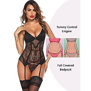 Avidlove Women Lingerie Set Lace Teddy Bodysuit with Garter Belt Mini Babydoll Chemise No Stockings Black M