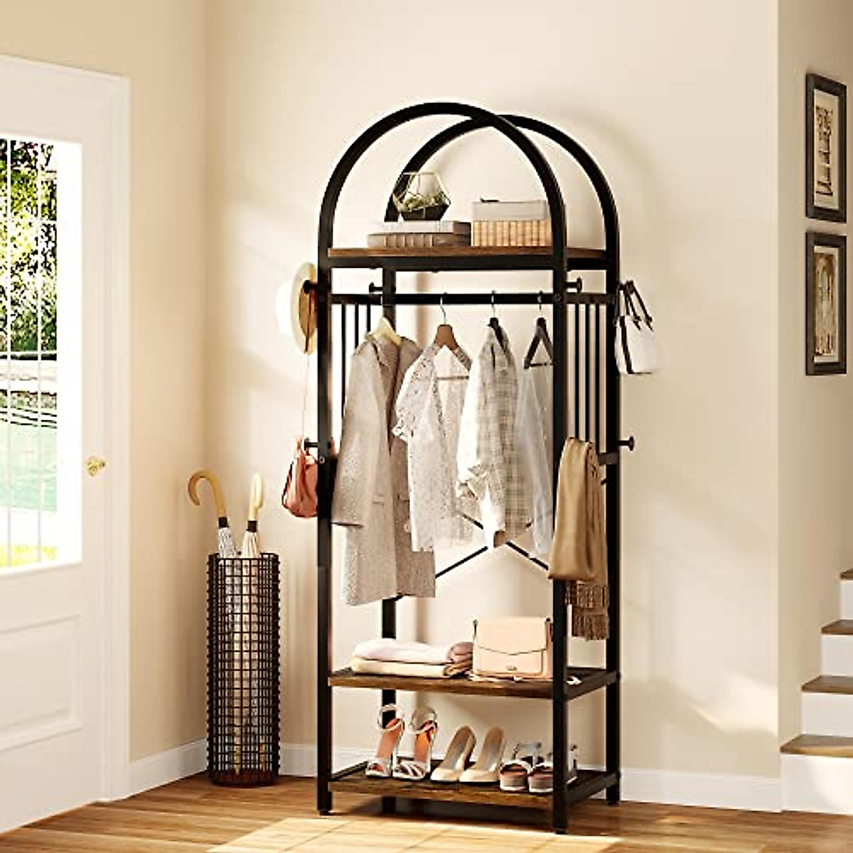 YITAHOME Industrial Hall Tree Garments Rack with Storage Shelves and Hanging Rod, Coat Rack Freestanding with 8 Hanging Hooks, Tall Clothes Rack Closet Organizer for Hallway, Bedroom, Rustic Brown