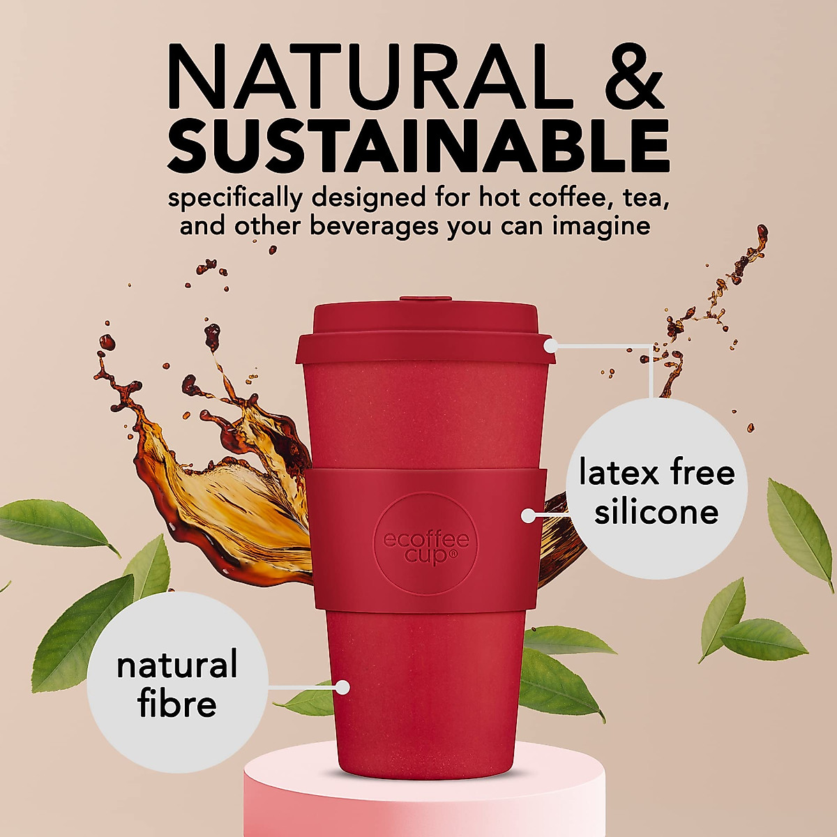 Ecoffee Cup Reusable Sustainable To-Go Travel Coffee-Cup Portable Cups With No Leak Silicone Lid - Dishwasher Safe (14oz, Red Dawn)