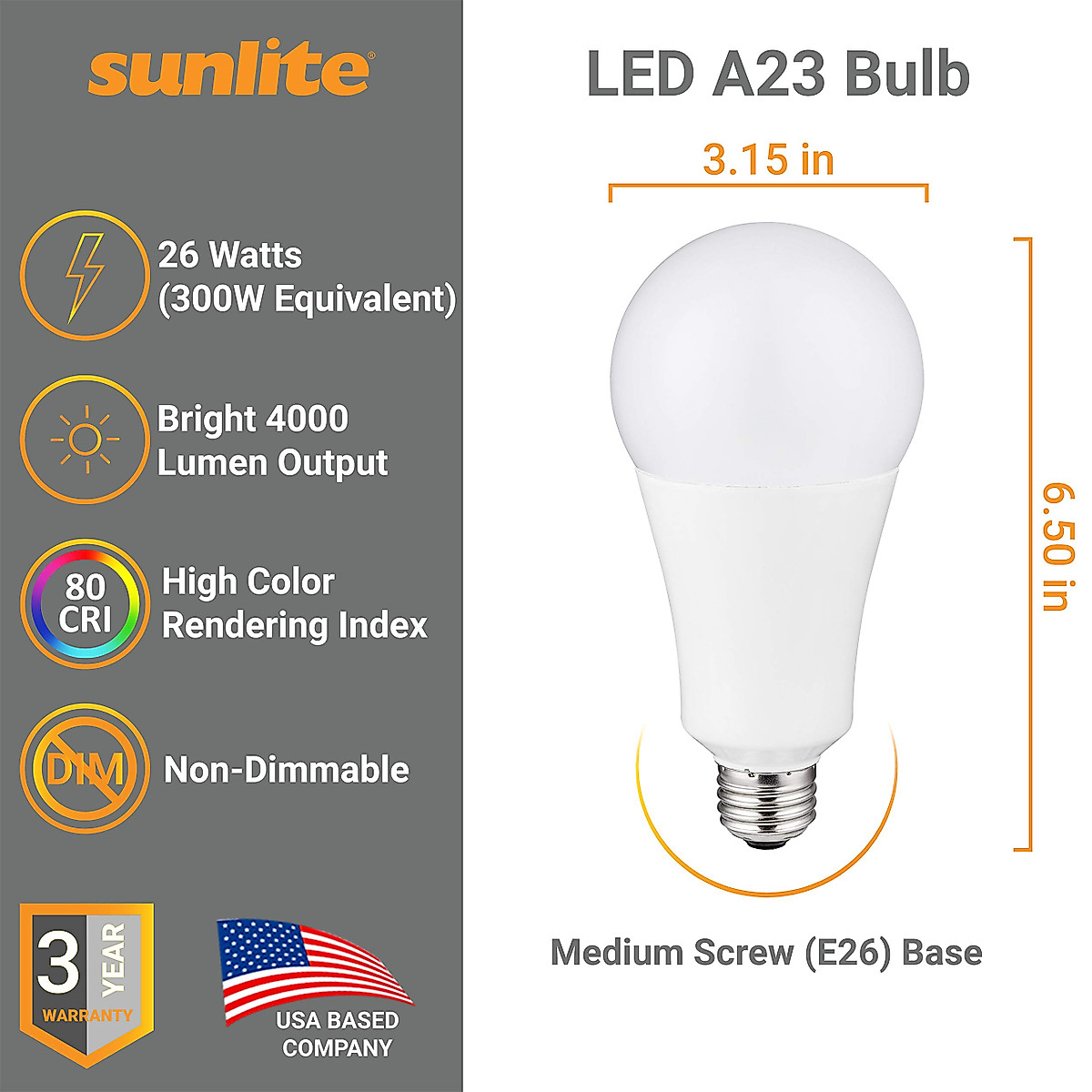Sunlite 82109 LED A23 Light Bulb, 26 Watts (300w Equivalent), High Output, 4000 Lumens, Medium E26 Base, 120-227 Multi-Volt, Non-Dimmable, UL Listed, 4000K Cool White
