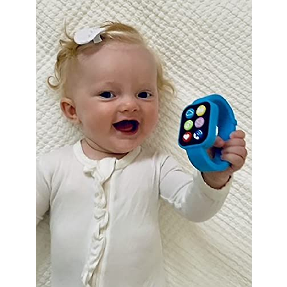 Silli Chews Silicone Baby Smart Watch Wrist Teether for Teething Relief | Hand Teethers for Babies Infants and Toddlers | Kids Teething Ring Toys Pretend Play Phone Baby Teether Blue Silly Chew Toy