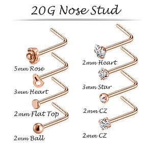 Tornito 20G 16Pcs Stainless Steel L Shaped Nose Ring CZ Nose Stud Retainer Labret Nose Piercing Jewelry (A1:16Pcs)
