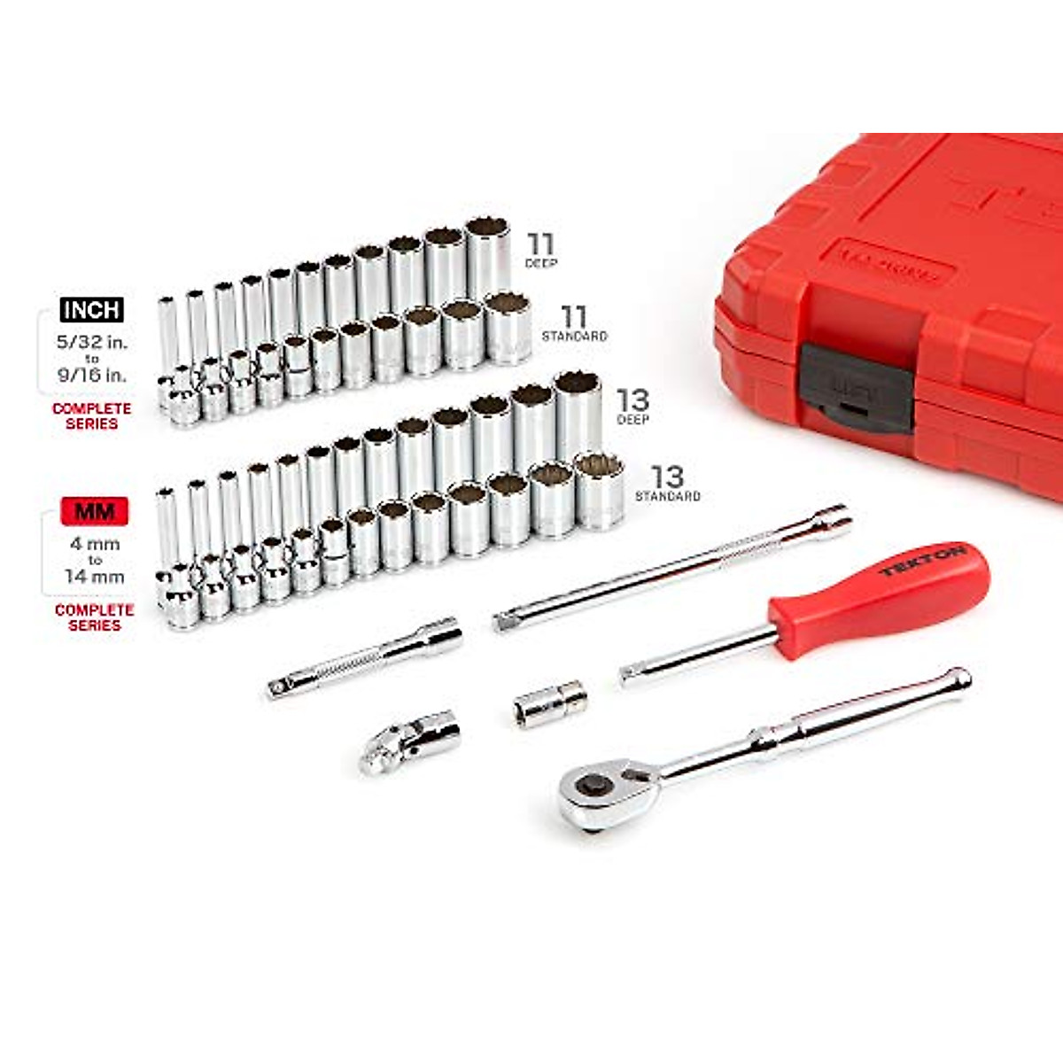 TEKTON 1/4 Inch Drive 12-Point Socket and Ratchet Set, 55-Piece (5/32-9/16 in., 4-14 mm) | SKT05302