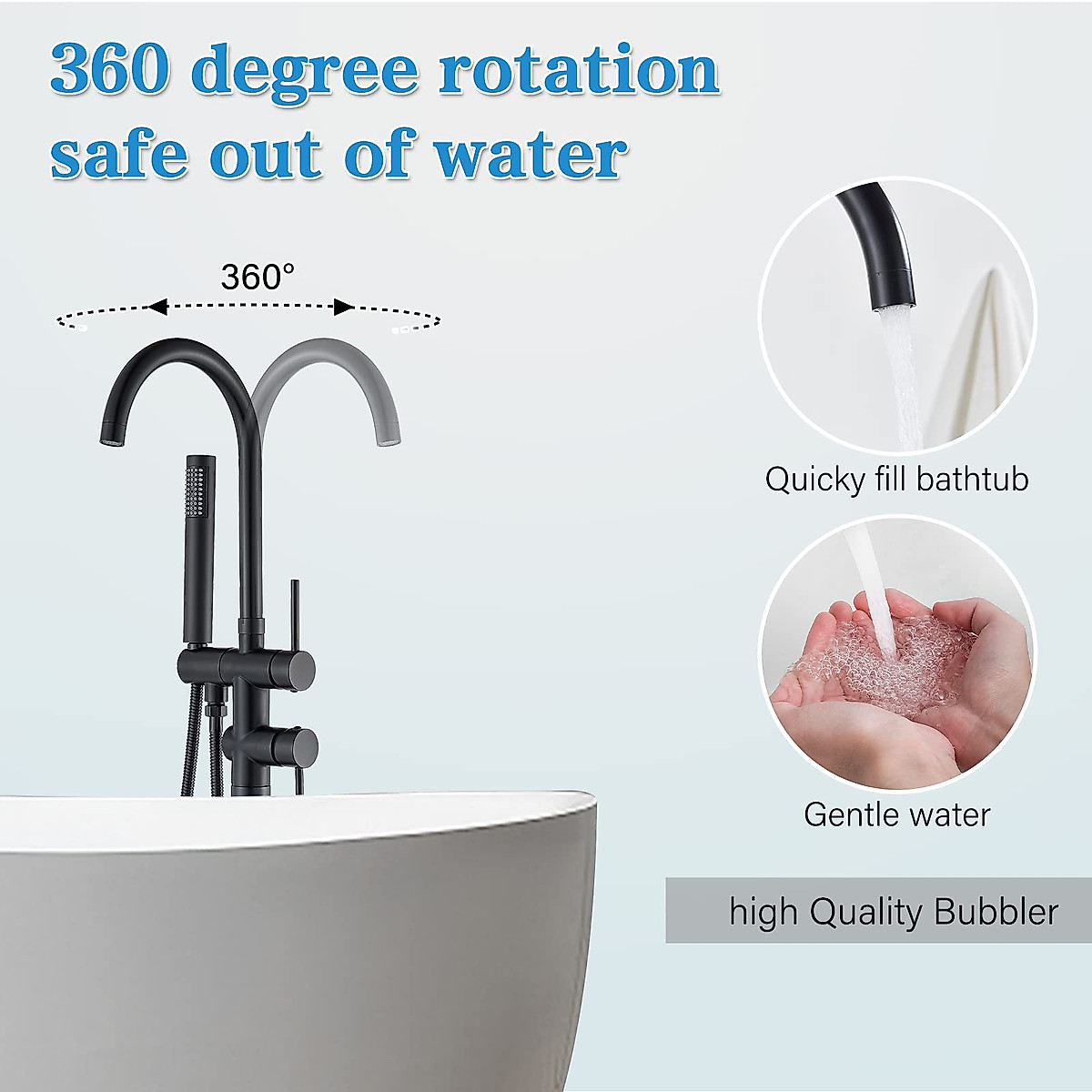 YAGATAP Freestanding Bathtub Faucet Floor Mount Tub Filler Matte Black High Flow Shower Faucets with Handheld Shower Mixer Taps Swivel Spout