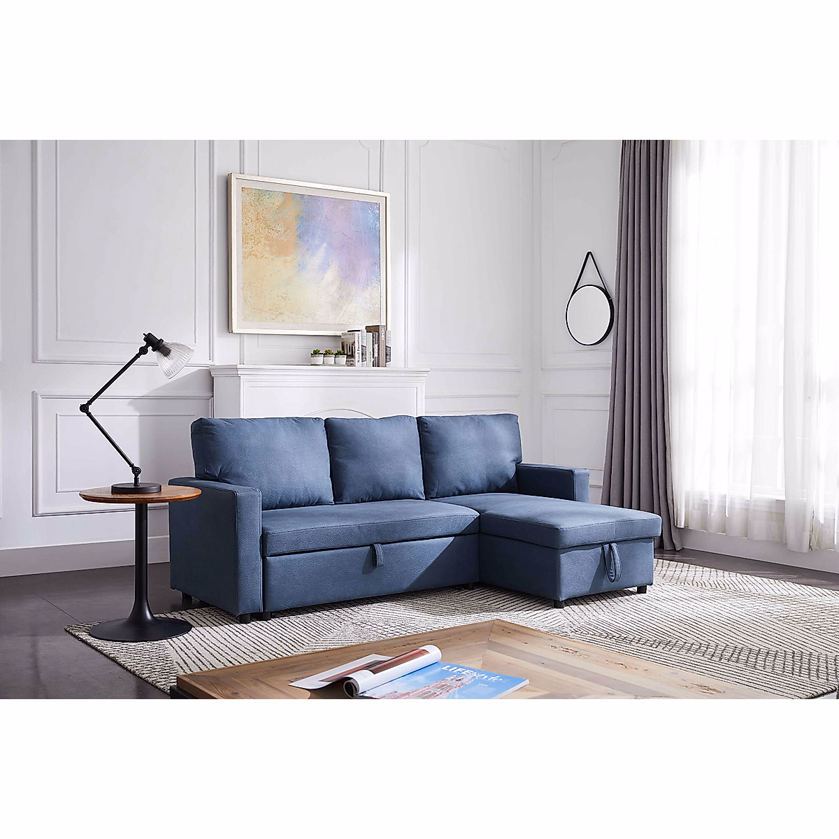 ATY Reversible Sectional Sleeper Sofa with Storage Chaise, L Shape Couch with Pull-Out Bed, Living Room Furniture, 85", Blue