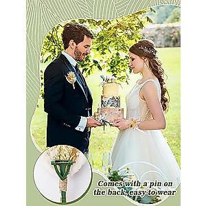 Wrist Corsage and Boutonniere Set, Boho Pampas Bouquet for Wedding Men Women Groom Bride Prom Anniversary Flowers Decoration (2 Pcs)