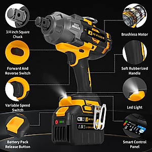 JEXUGK 2000Nm Cordless Impact Gun, 3/4" To 1/2" 2 x 6.0AH Battery Heavy High Torque Impact Wrench, 1500Ft-lbs Brushless Eléctrica Pistola de Impacto, Power Llave de Impacto for Truck Mower Car Repair