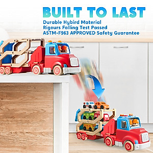 JOYIN Wooden Carrier Truck for Boys - 9 in 1 Foldable Track Carrier Truck Set, 1 Transport Toy Truck with 6 Wooden Cars, 2 Action Figures, 3 Layer Transformable Carriage Set, Toy Cars for Toddlers