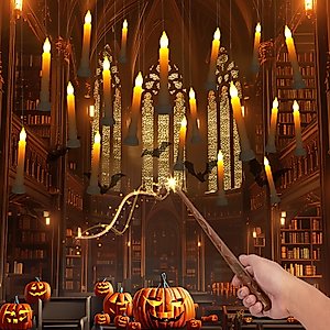 Amagic Batteries Included Floating Candles with Wand Remote, 12pcs Flickering Warm Light Flameless Taper Candles, Magic Hanging Candles with Base for Birthday Party, Halloween Decorations