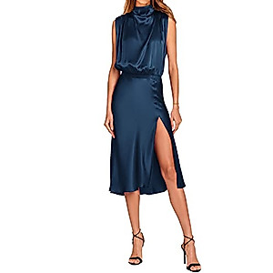 PRETTYGARDEN Women Summer Formal Mock Neck Sleeveless Satin Dress Elastic Waist Slit Midi Wedding Guest Dresses 2023(Solid Dark Blue,Large)