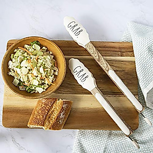 Rae Dunn Everyday Collection Stainless Steel, Beechwood - Silicone Tipped Kitchen Food BBQ and Cooking Tongs Set of Two, Non Stick Cookware, BPA Fee, Grill Tongs (White)