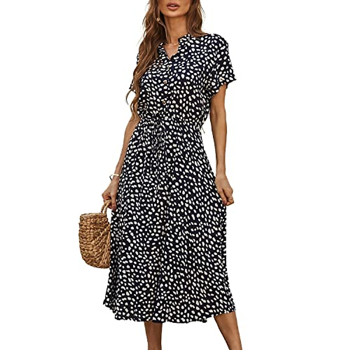 BROVAVE Women's Summer Polka Dot Print Shirt Dress Vintage Short Sleeve Button Down Midi Dress(Dark Blue, S)