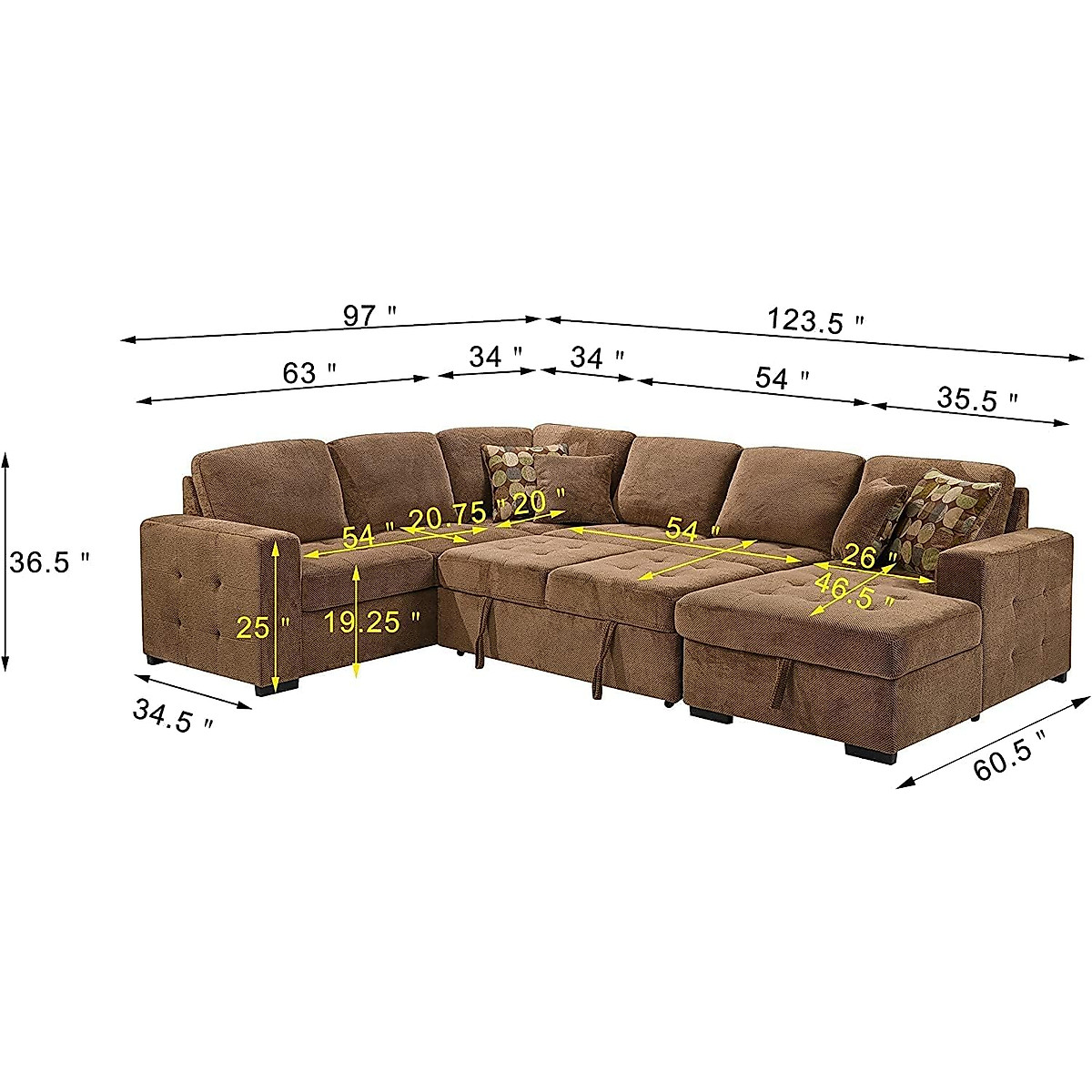 123"w U-Shaped Oversized Modular Sectional Sofa with Pull Out Sleeper Bed,Storage Chaise Lounge and 4 Throw Pillows,Convertible Polyester Upholstered Sectionals Sofá&Couch for Large Space,King Size