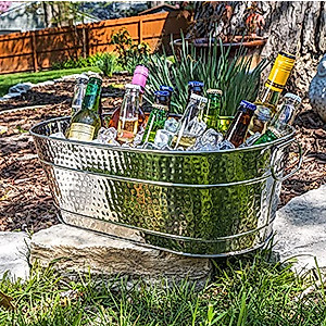BREKX Stainless-Steel Ice Bucket & Beverage Tub for Parties, Hammered Stainless Steel Finish, Leak-Proof, Rust-Proof, with Handles - 15 Quarts