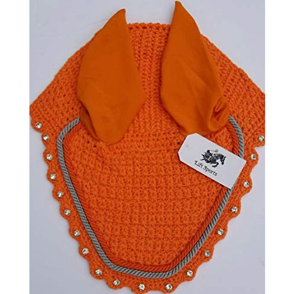 Horse Fly Bonnet with Ears Net Mask Veil with Crystals Blings Hand Made Breathable Cotton Crochet Shows Protect from Bugs and Flies (Full, Purple)