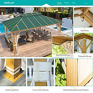 MELLCOM 12' x 16' Hardtop Gazebo, Wooden Grain Coated Aluminum Frame Outdoor Gazebo with Aluminum Double Roof, Claret Metal Gazebo with Curtains and Nettings for Patios, Gardens, Lawns