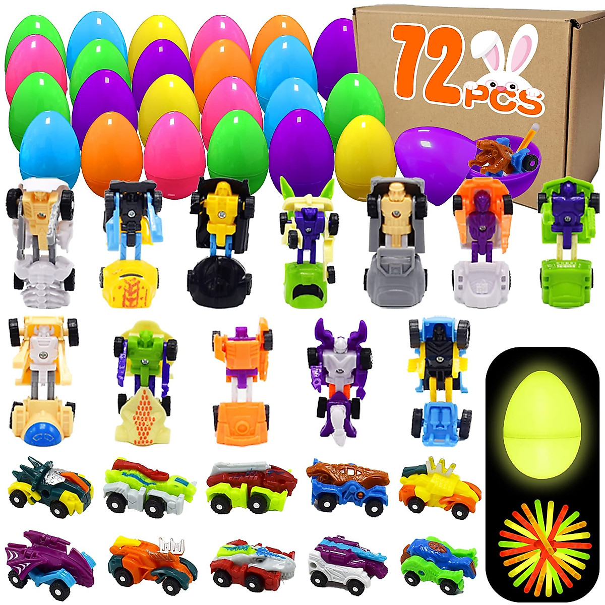 NMKS 72 Pcs Easter Egg Fillers with Transformer Toys Inside, Toys for Ages 5-7 4-8 8-13 Easter Basket Stuffers Fillers with Glow In the Dark Sticks Party Activities Games Supplies Gifts for Kids
