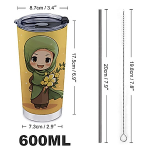 FZMTLDS Cartoon Muslim Girl Tumbler 20oz Stainless Steel Water Bottles with Handle Leak-proof Large Capacity Car Cup Travel Mug Insulated Coffee Cup Gifts for Women Men