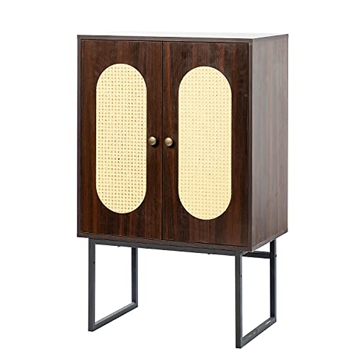 Voohek High 2 Rattan Doors, Interior Shelves and Black Metal Base, Sideboard w/Simulated Wood Patterns & Retro Knobs Elements On Surface, Walnut Storage Cabinet, Espresso